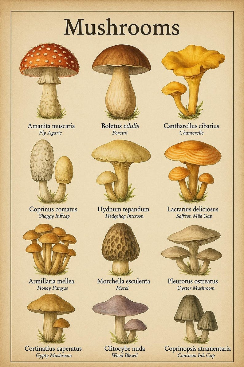 Vintage Mushroom Identification Chart – Botanical Wall Art Poster ...