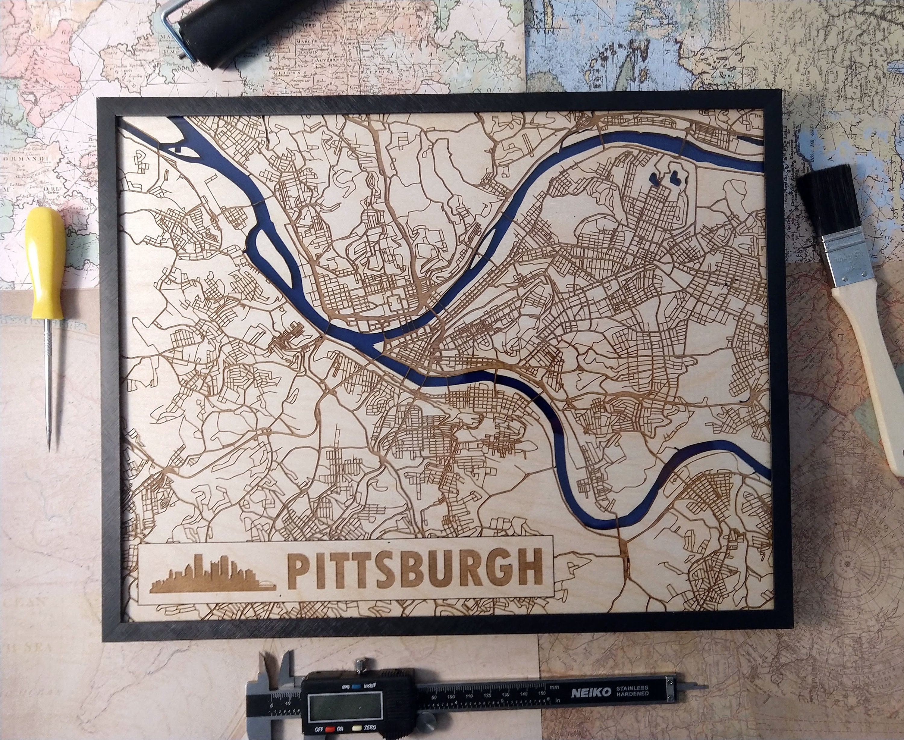 Pittsburgh 3D Wood & Acrylic City Streets Map Modern | Etsy