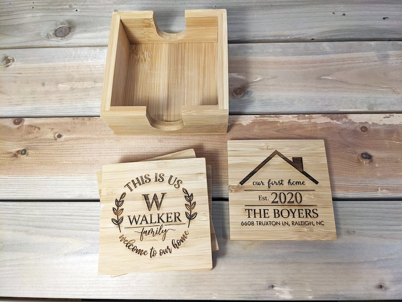 Bamboo Coasters for Housewarming, Wedding, Engagement, Realtor Closing ...