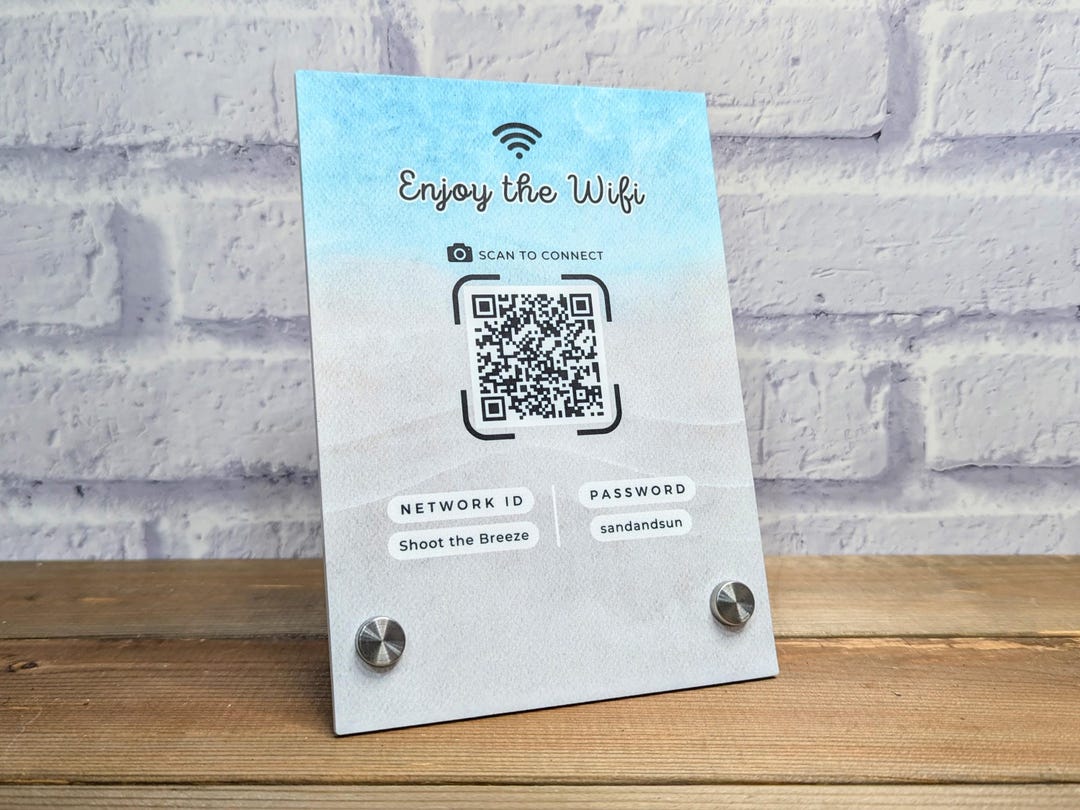 Beachy Wifi QR Code Sign - 5x7" Acrylic Tabletop Sign for Beach House ...