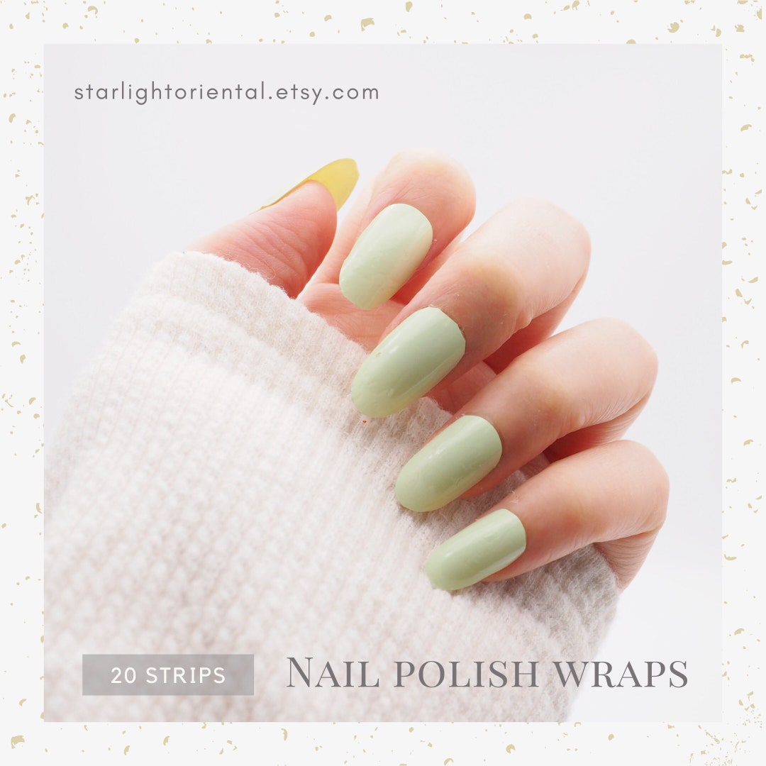 Soft Apple Green Solid Color Real Polish Wraps, Spring Leaves Nail ...