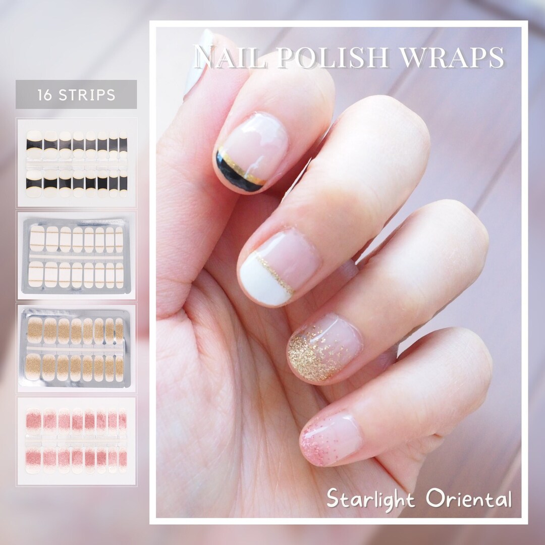 French Tip Nail Polish Wraps, Luna Black, Classic White French, Gold ...