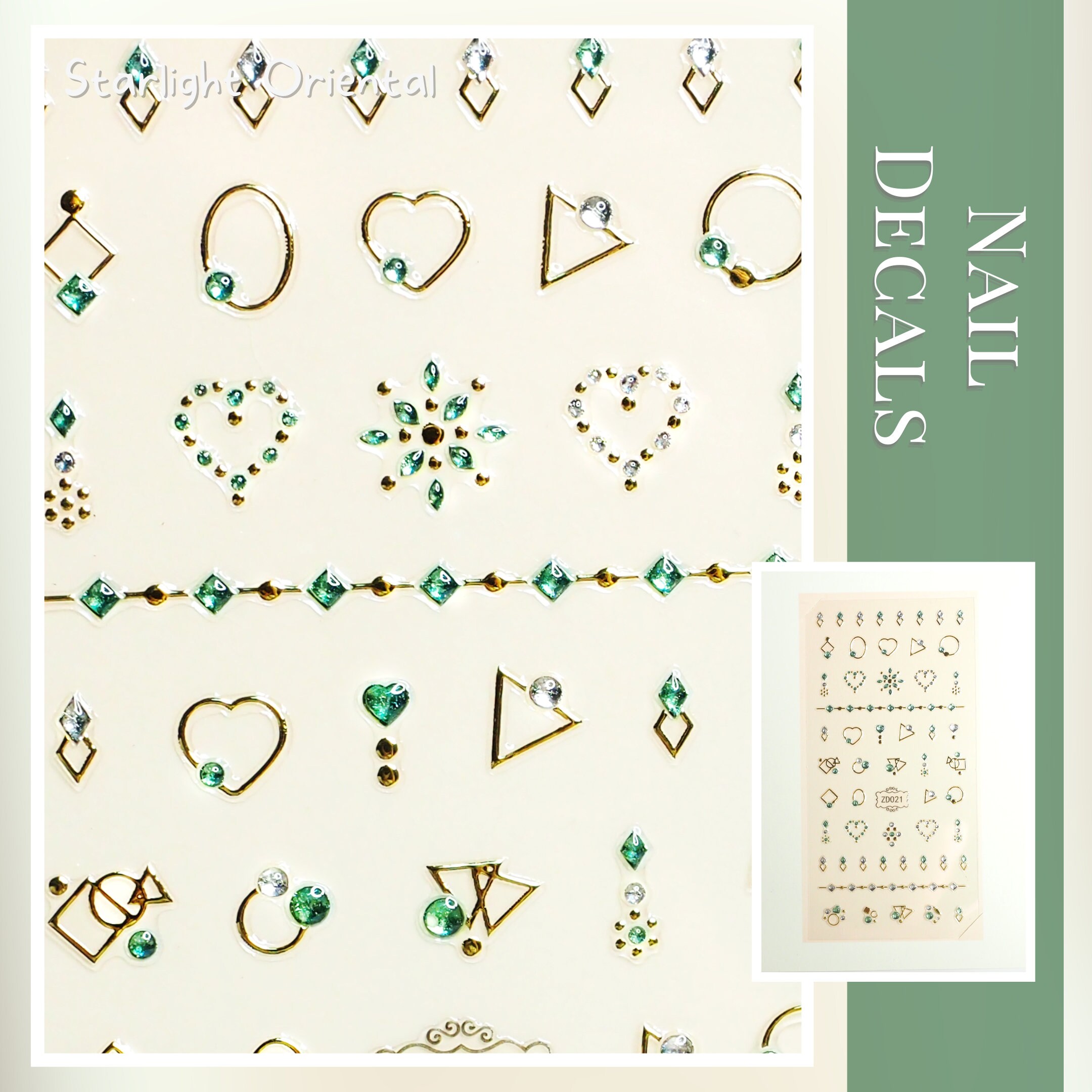 Emerald Green Gold Nail Decals Heart Diamond Floral Nail - Etsy