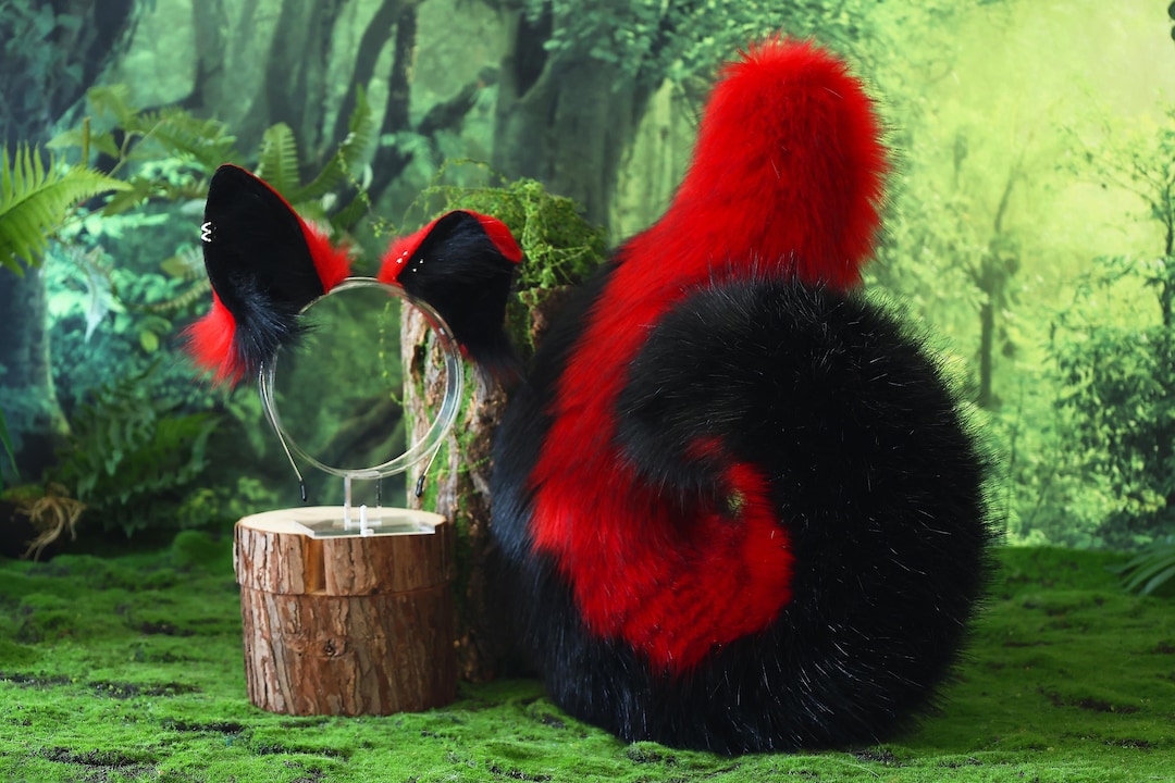 Red Black Faux Fur Shepherd Dog Tail and Ear Set Shiba Inu Dog Ear and ...