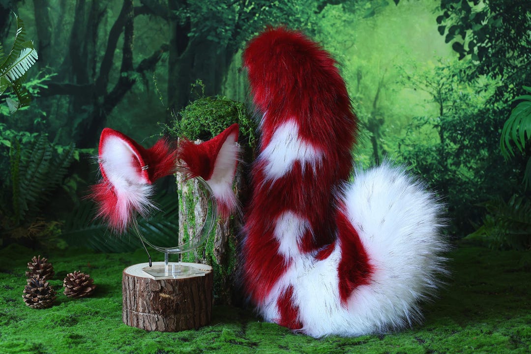 Red White Faux Fur Shepherd Dog Tail and Ear Set Shiba Inu Dog Ear and ...