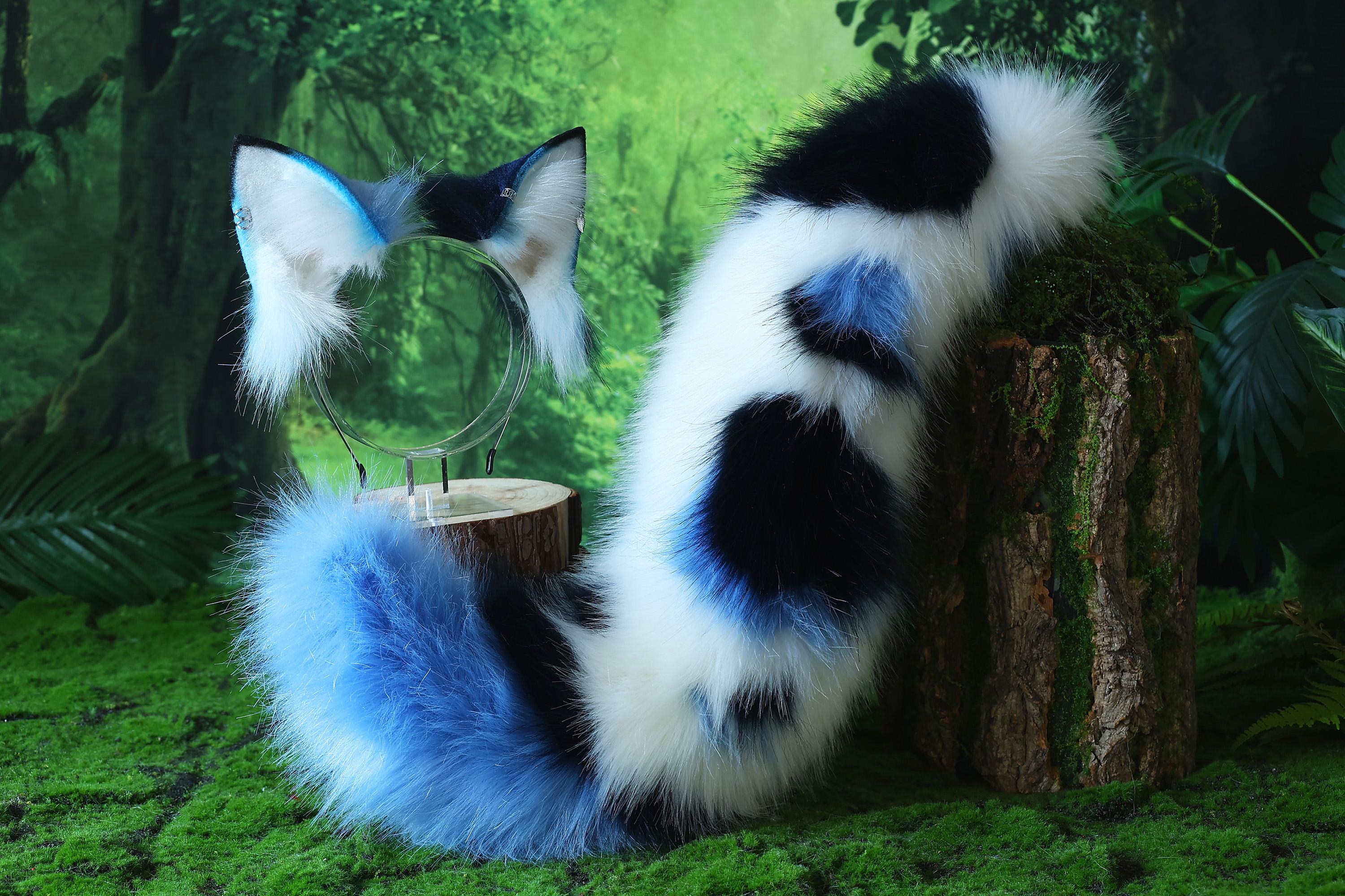 Realistic Faux Fur Wolf Ear and Tail Set Blue Splicing Fox Ear and Tail ...