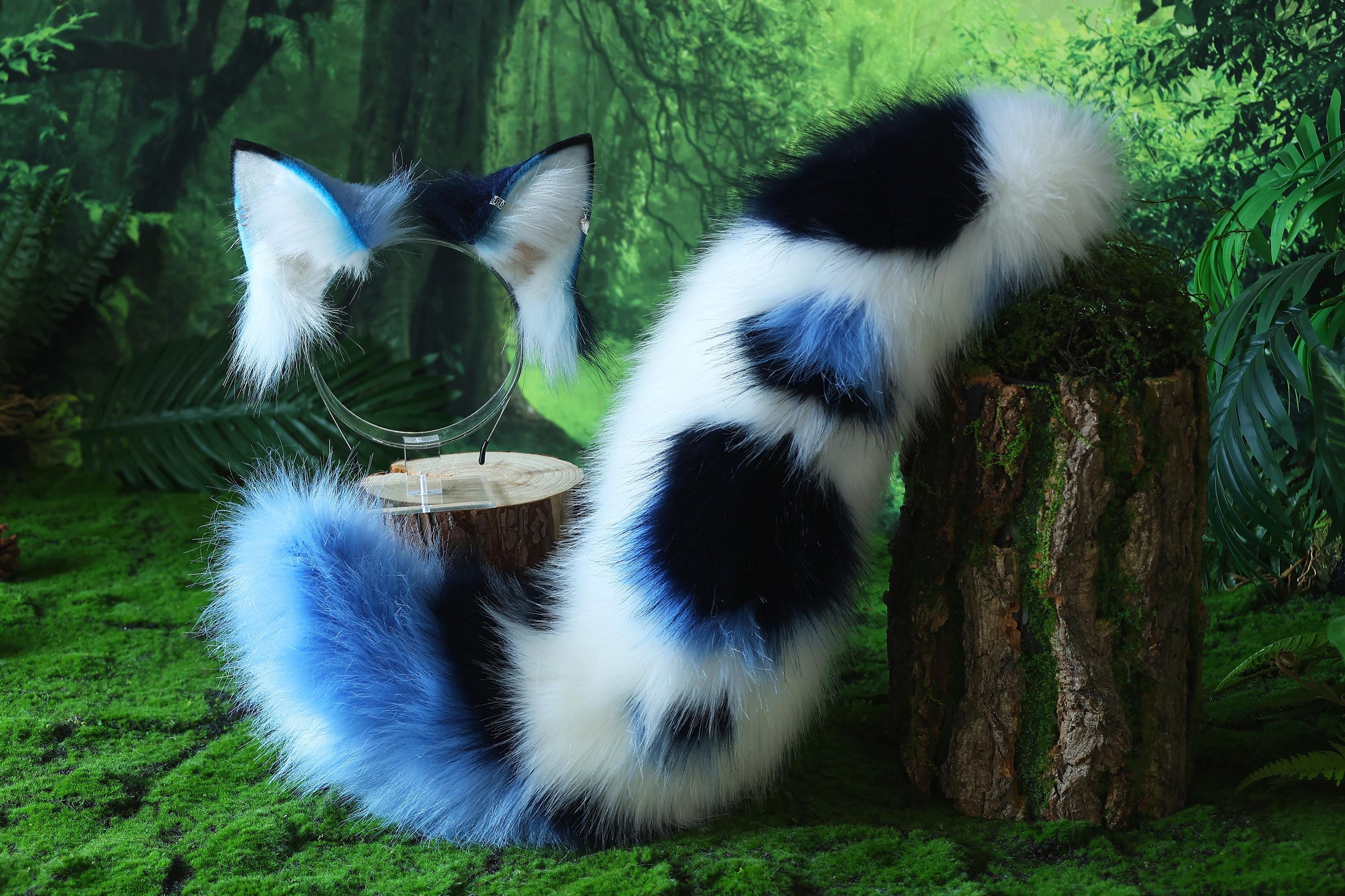 Realistic Faux Fur Wolf Ear and Tail Set Blue Splicing Fox Ear and Tail ...