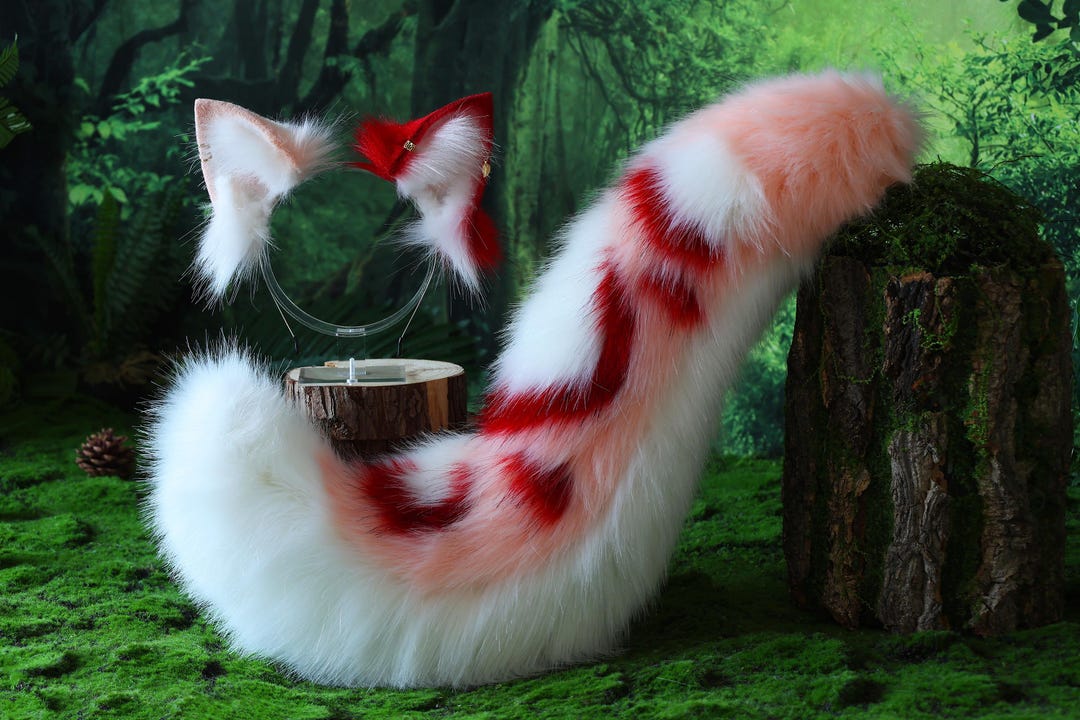 Realistic Faux Fur Wolf Ear and Tail Set Pink Splicing Fox Ear and Tail ...