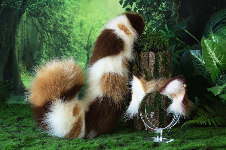 Realistic Calico Faux Fur Cat Tail and Ear Kemonomimi Kitten Ear and ...