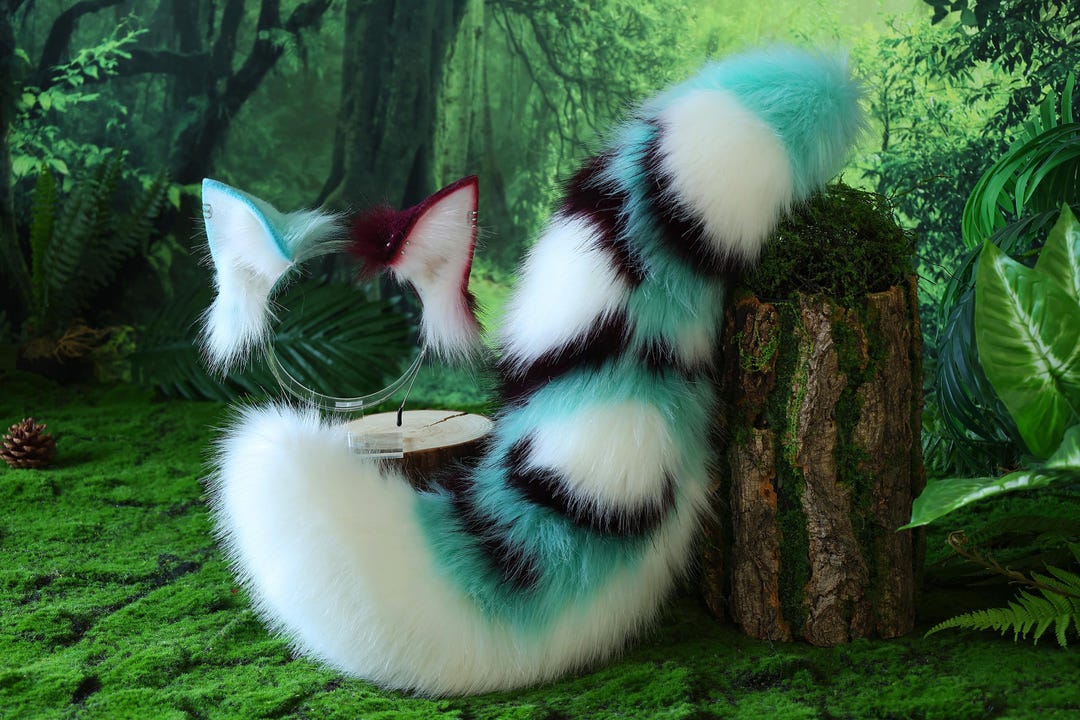 Realistic Faux Fur Wolf Ear and Tail Set Green Splicing Fox Ear and ...