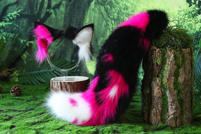 Realistic Faux Fur Fox Tail and Ear Set Neon Pink Black Splicing Wolf ...