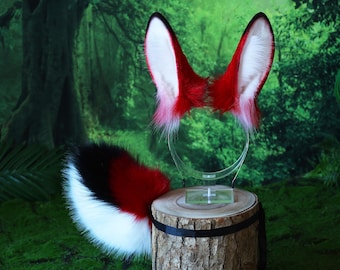 Fire Red Bunny Ears, Tail and Collar Set Faux Fur Ears Cosplay ...