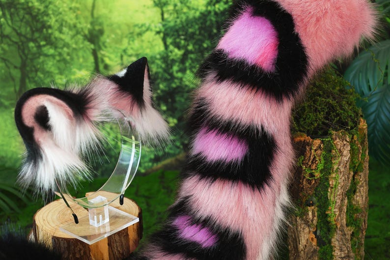 Pink Black Faux Fur Snow Leopard Ear and Tail Set Role Play Snow ...