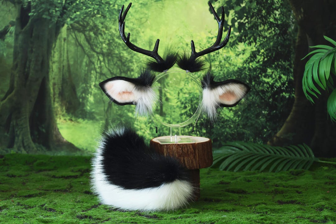 Faux Fur Deer Costume Ears and Tail Deer Kemonomimi Deer Cosplay Black ...