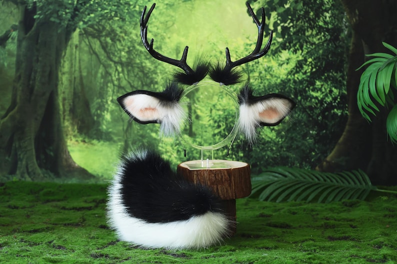 Faux Fur Deer Costume Ears and Tail Deer Kemonomimi Deer Cosplay Black ...