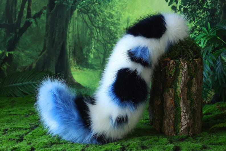 Realistic Faux Fur Wolf Ear and Tail Set Blue Splicing Fox Ear and Tail ...