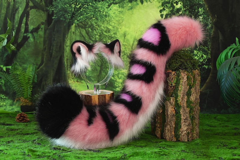 Pink Black Faux Fur Snow Leopard Ear and Tail Set Role Play Snow ...