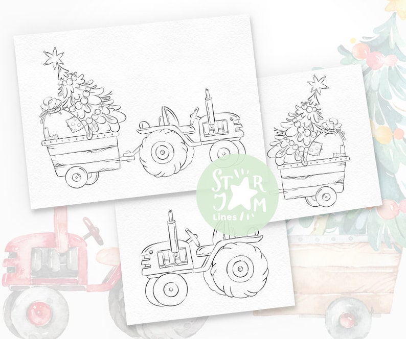 Christmas Tractor. Digi Stamp Country Truck Tree Coloring | Etsy