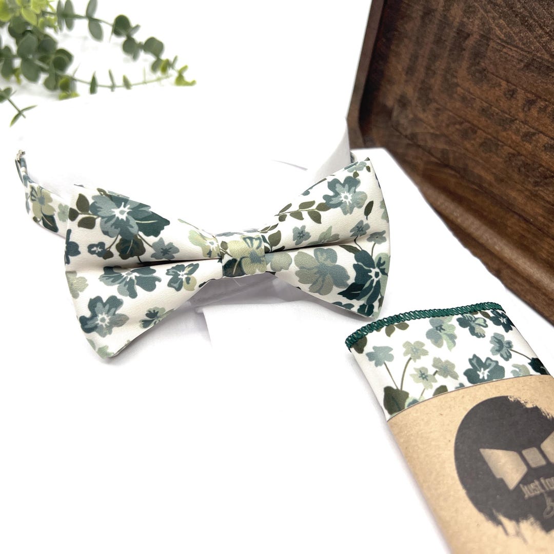 Ivory Sage Floral Bow Tie, Green Botanical Wedding Bow, Handmade Garden ...