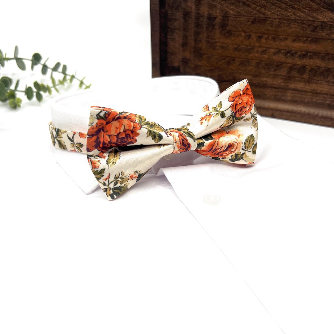 Floral Bow Tie in Burnt Orange on Ivory, Botanical Wedding Bow for ...