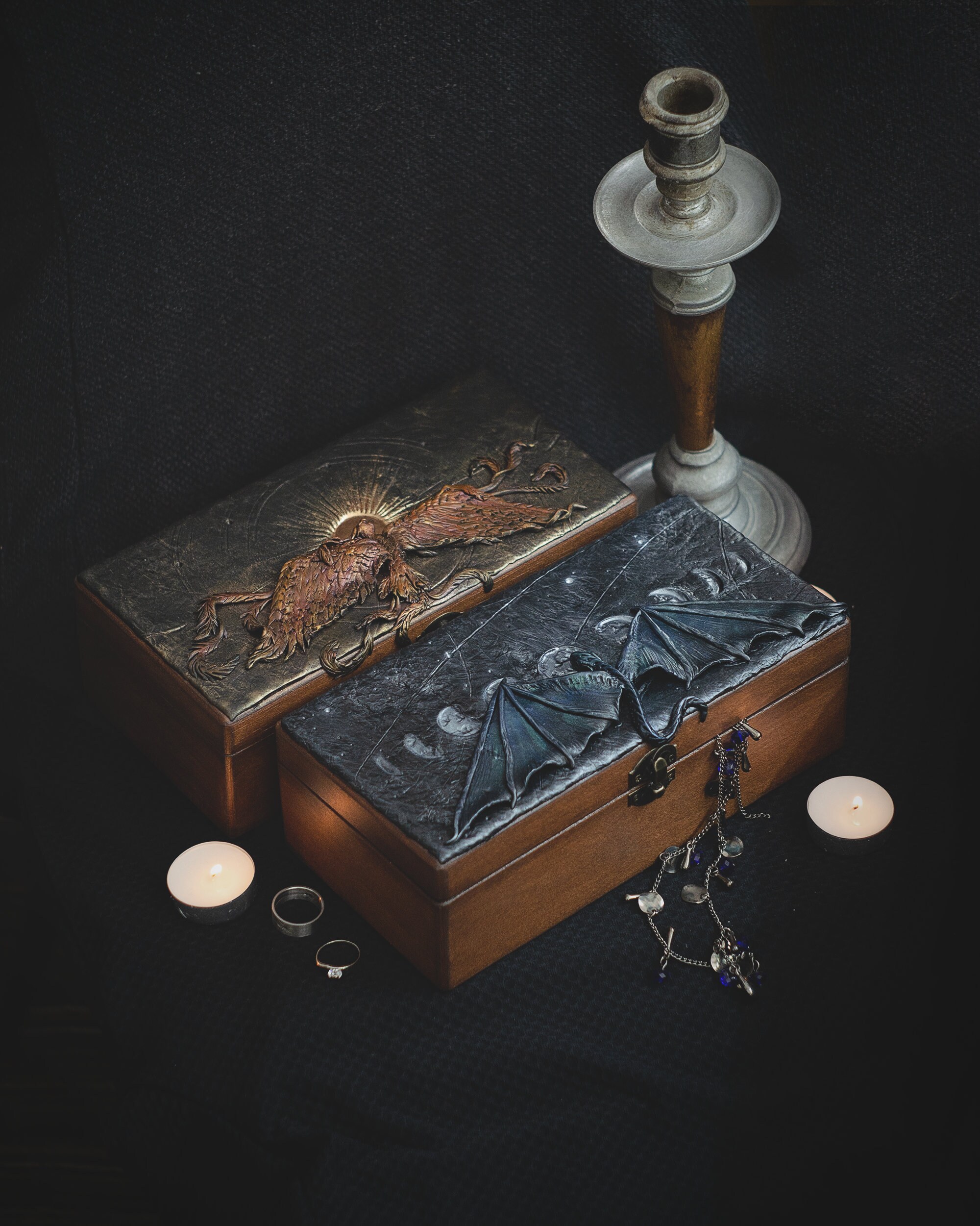 Magic wooden box whith dragon and phoenix tarot card box four elements ...