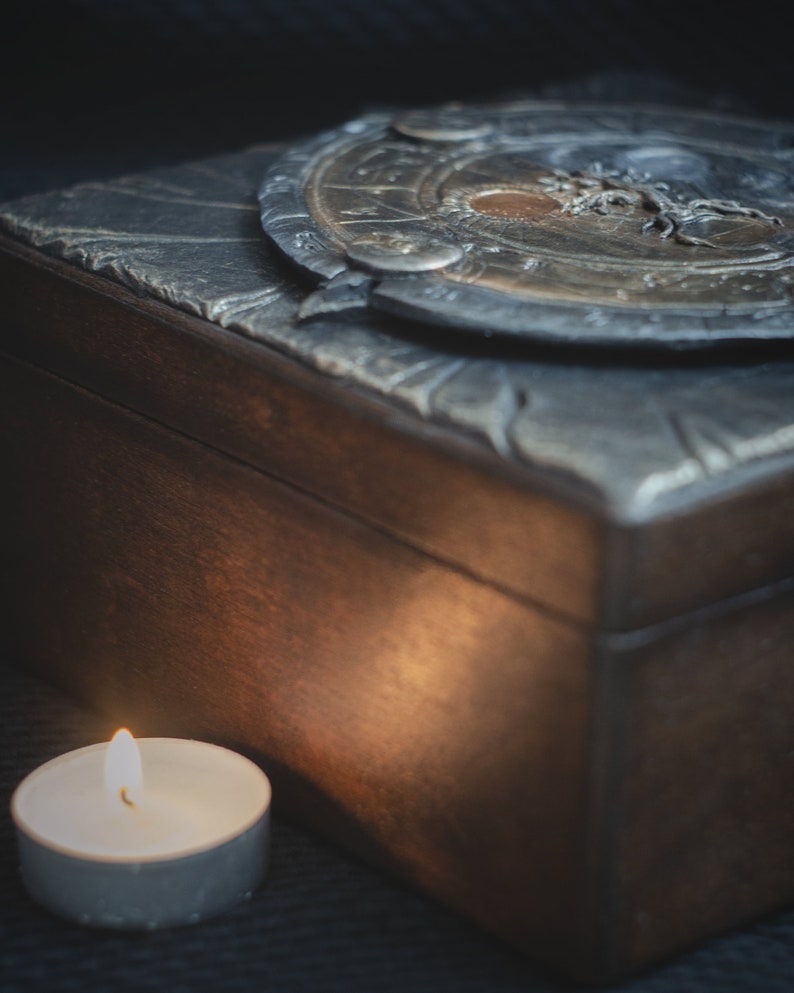 Magic wooden box whith dragon and phoenix tarot card box four elements ...