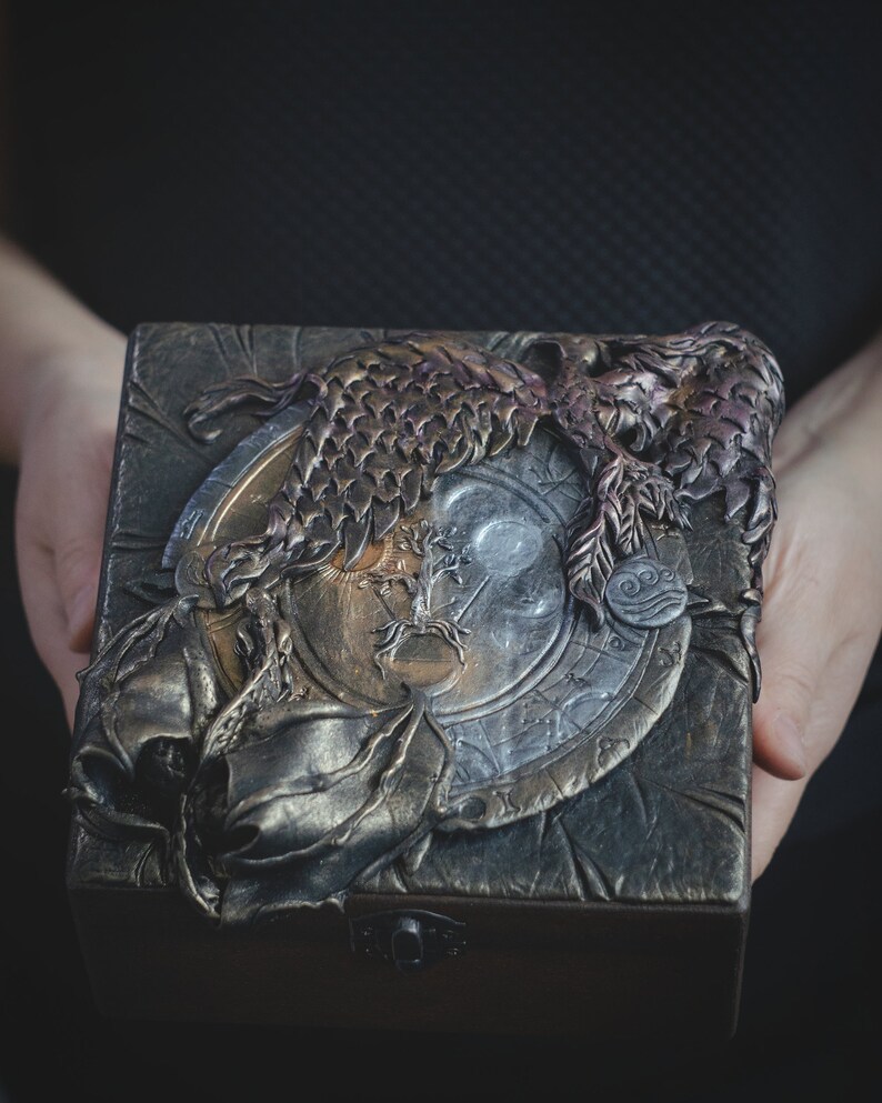 Magic wooden box whith dragon and phoenix tarot card box four elements ...