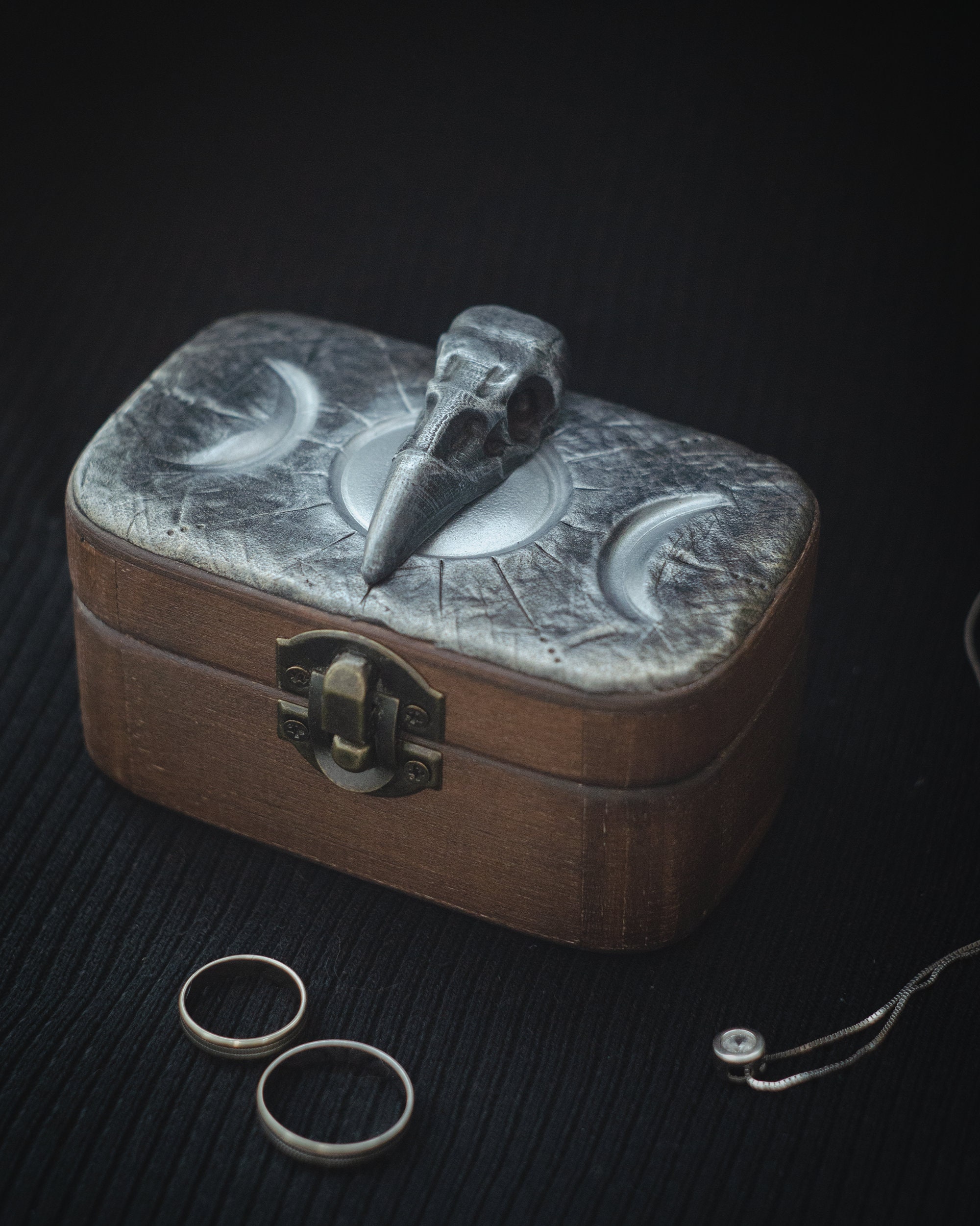 Gothic moon ring box raven skull crescent wedding box wood | Etsy