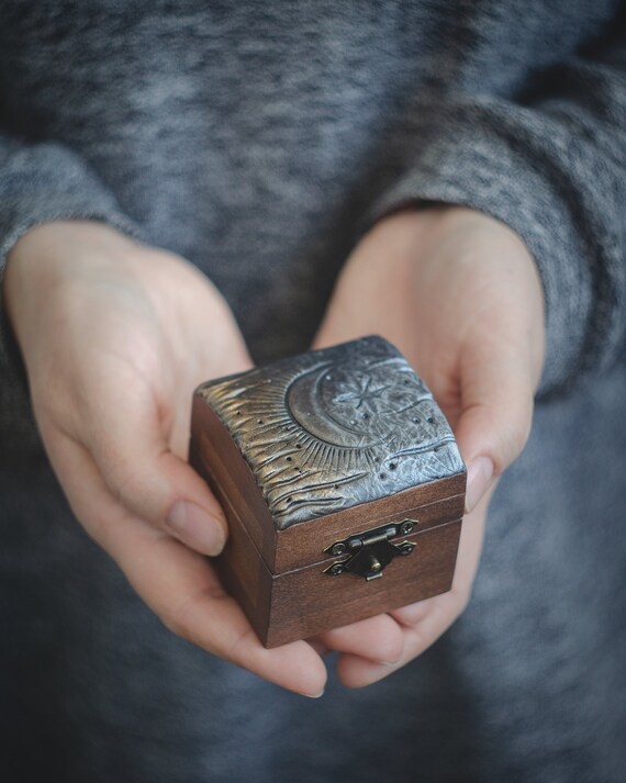 Wooden ring box with a sun moon and star for wedding with | Etsy