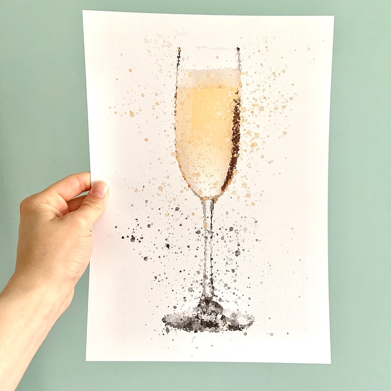 Champagne / Prosecco Flute Glass Watercolour Splash A3, A4, 10x8, 8x6 ...