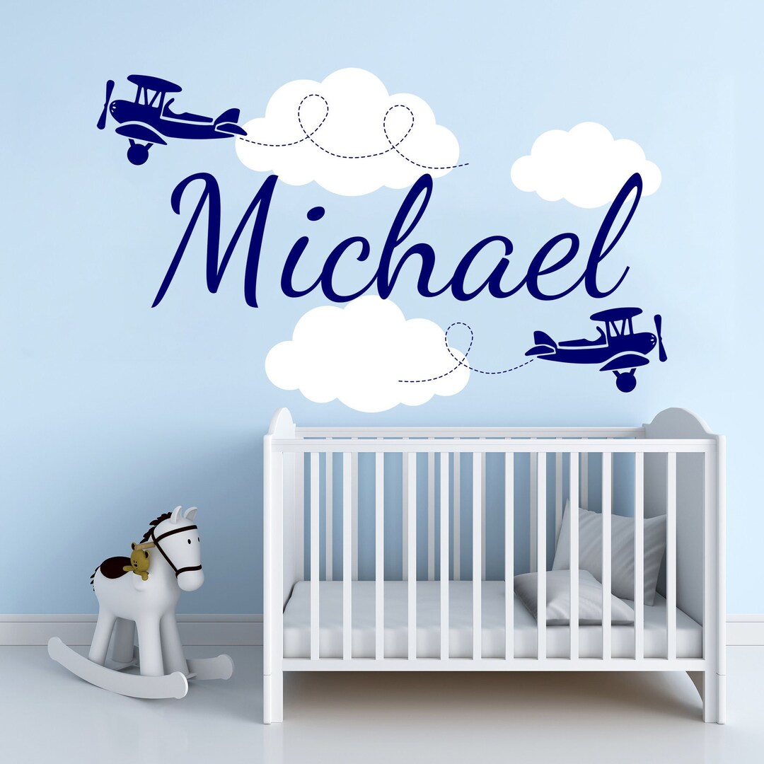Personalised Biplane Airplane and Clouds Kids Name Wall Vinyl/decal ...