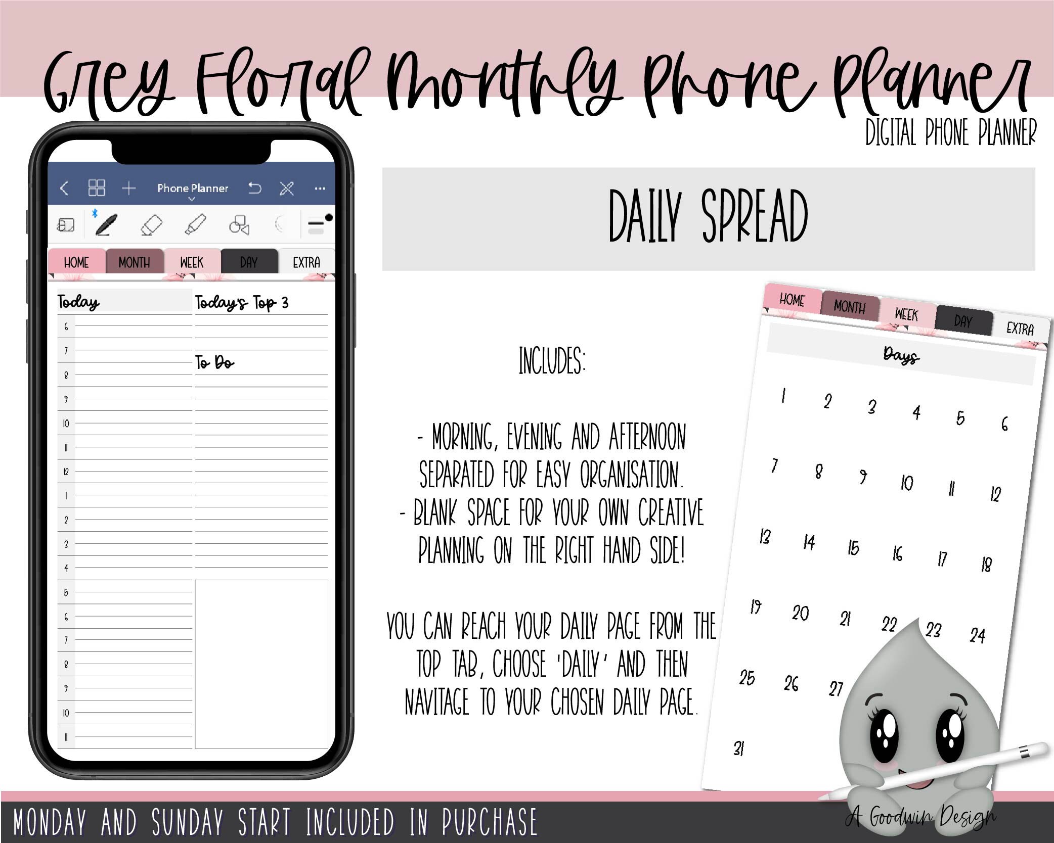 Grey Floral Monthly Digital Phone Planner Phone Planner | Etsy