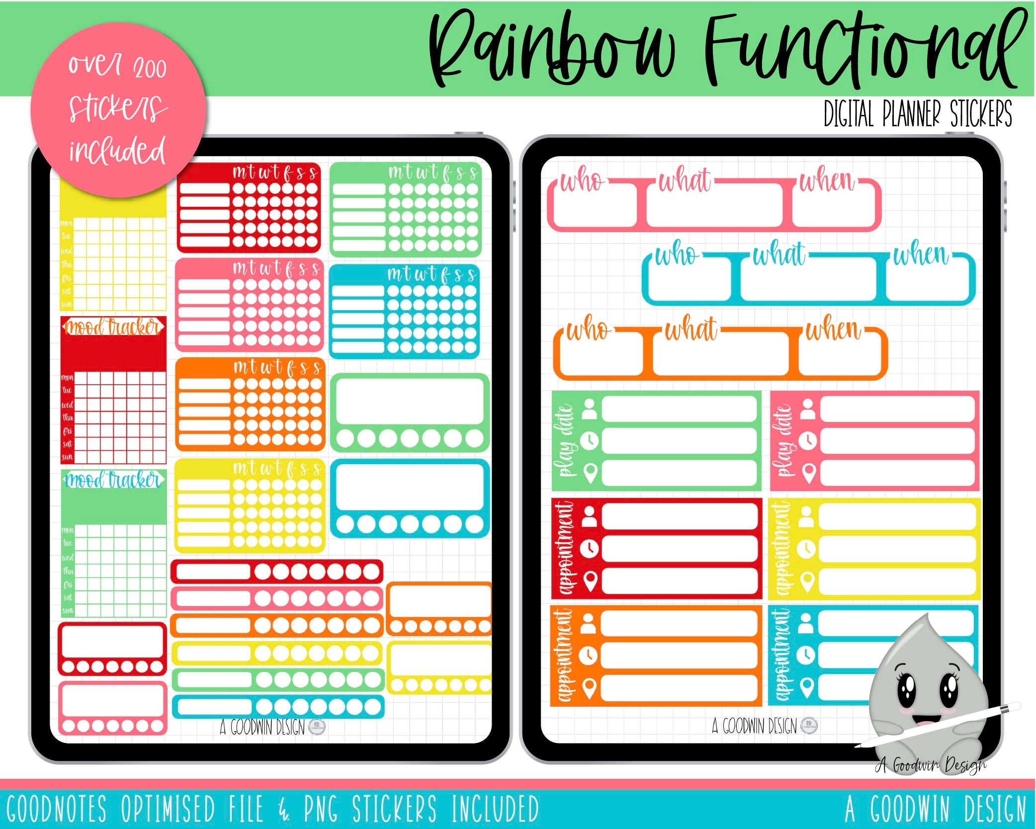 Rainbow Functional Digital Planner Stickers | Goodnotes Planner ...
