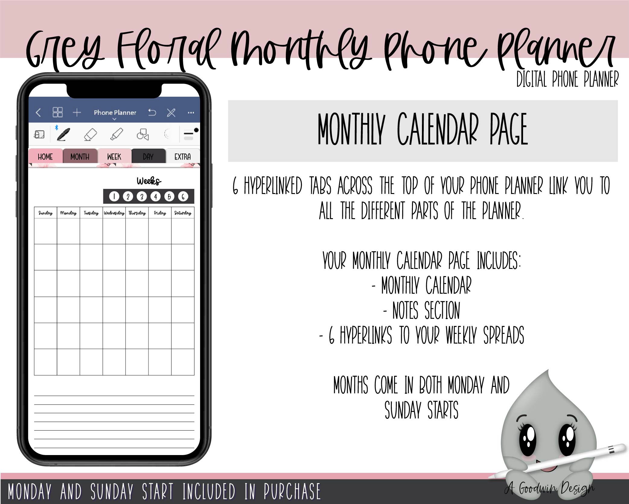 Grey Floral Monthly Digital Phone Planner Phone Planner | Etsy