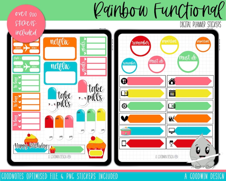 Rainbow Functional Digital Planner Stickers | Goodnotes Planner ...