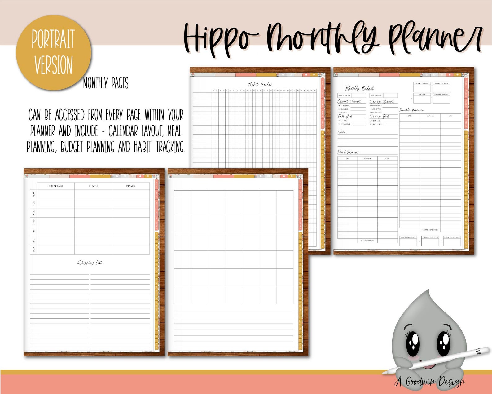 Hippo Monthly Portrait Planner for Goodnotes | iPad Planner | Goodnotes ...