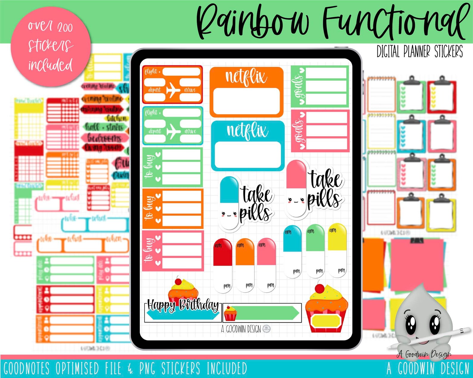 Rainbow Functional Digital Planner Stickers | Goodnotes Planner ...