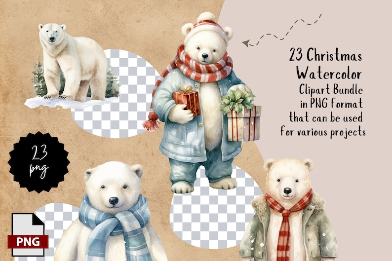 Polar Bear Christmas Watercolor PNG Files - Etsy