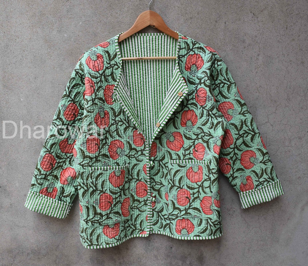 Green Cotton Quilted Reversible Jacket Women Wear Front Open - Etsy