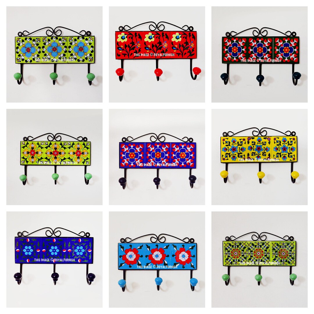 Bohemian Hand Painted Floral Designs Wall Hook, Boho Colorful ...