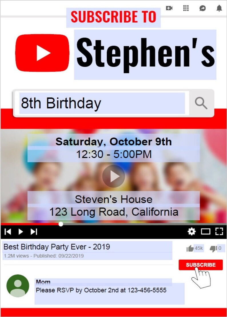 Customizable Youtube Birthday Invitation - Etsy Canada