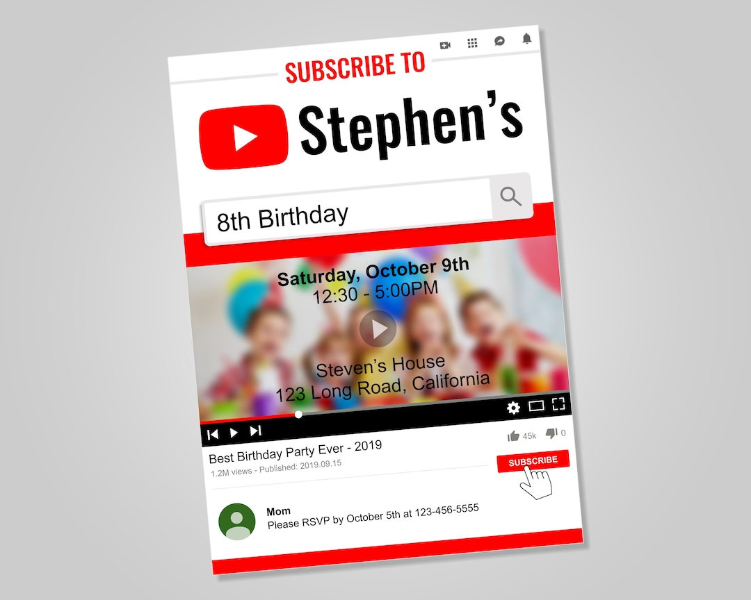 Customizable Youtube Birthday Invitation - Etsy Canada
