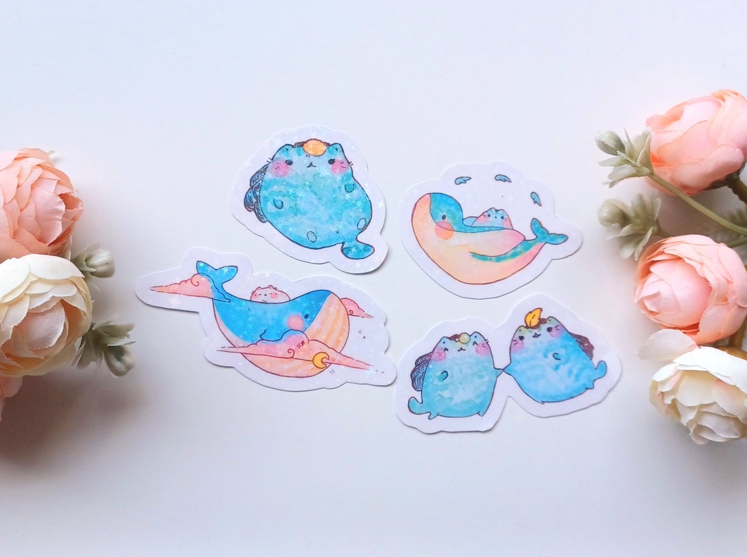 Cute Stickers: Seaworld Cats and Whales Bujo Blue Pastel - Etsy