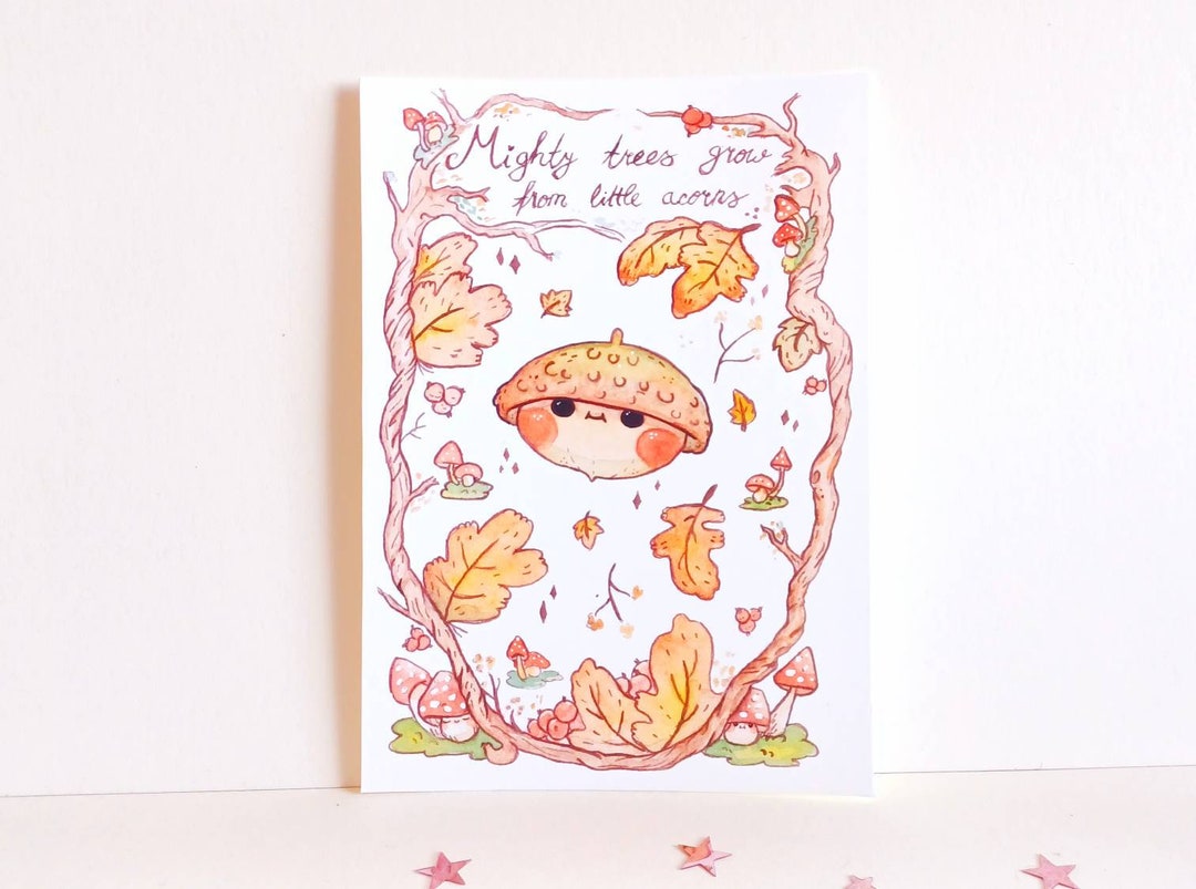 Handmade Cute Kawaii Cozy Autumn Art Print Acorn Original - Etsy