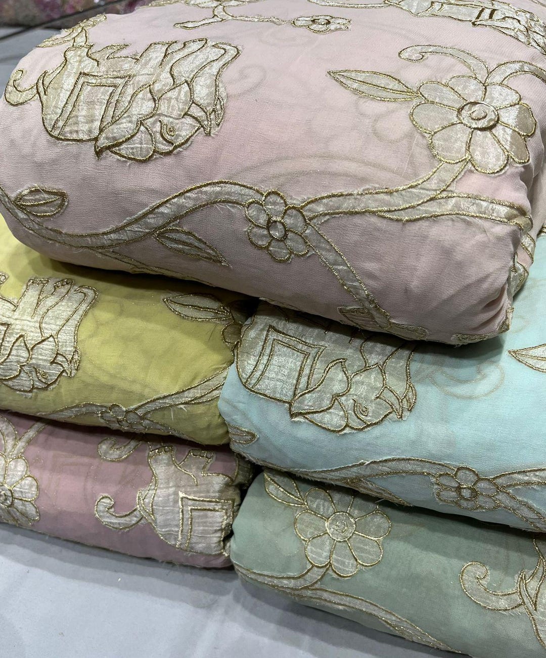 Pure Georgette Aplic Elephant Embroidery and Zari Outlining Fabric for ...