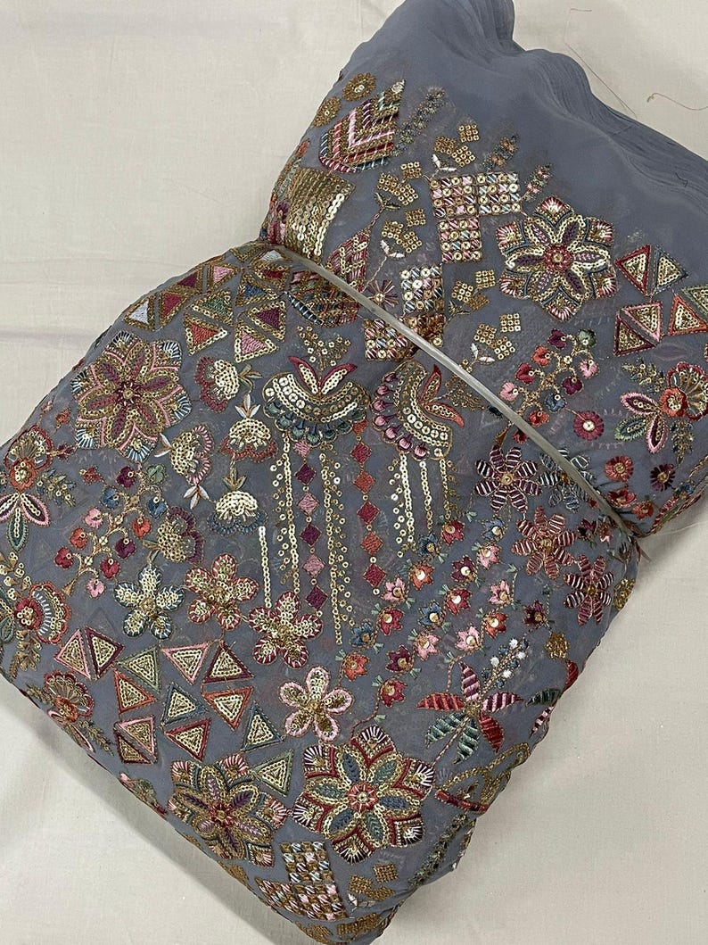 Gray Designer Georgette Heavy Embroidery and Sequence Work Fabric for ...