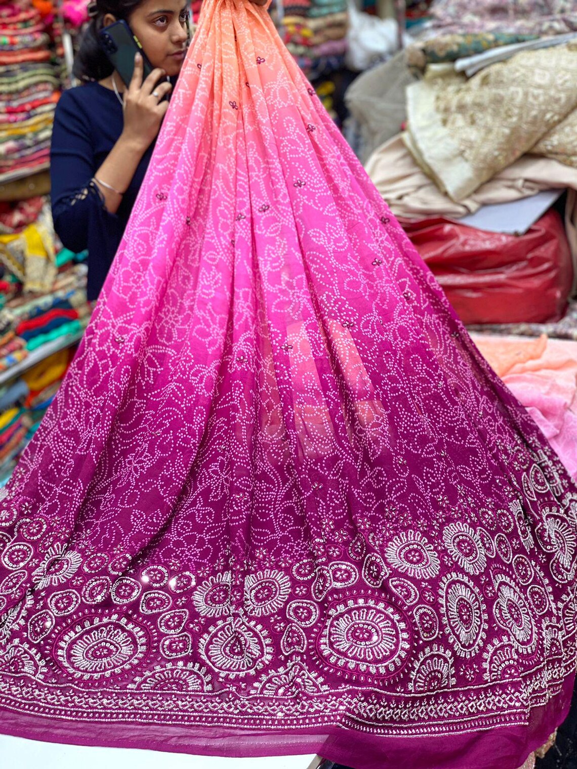 Georgette Bandhani Print With Embroidery Work Fabric for Dress Suits ...