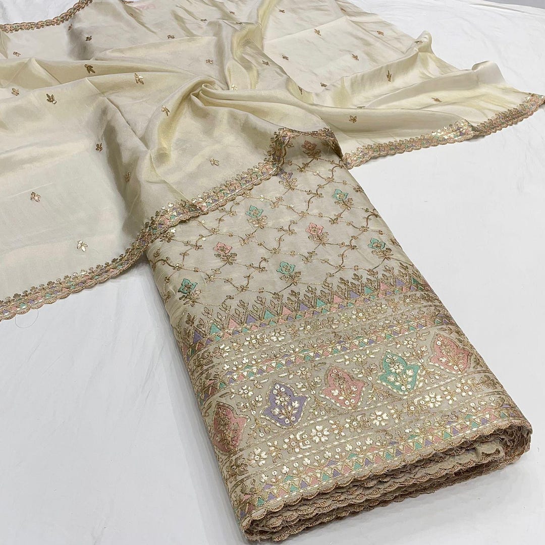 Georgette Tissue Designer Dyeable Heavy Embroidery Work Unstitched ...