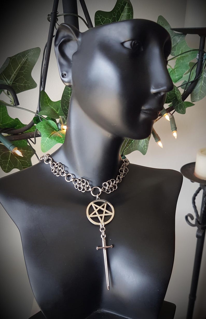 Inverted Pentacle & Sword Chainmaille Choker - Stainless Steel ...