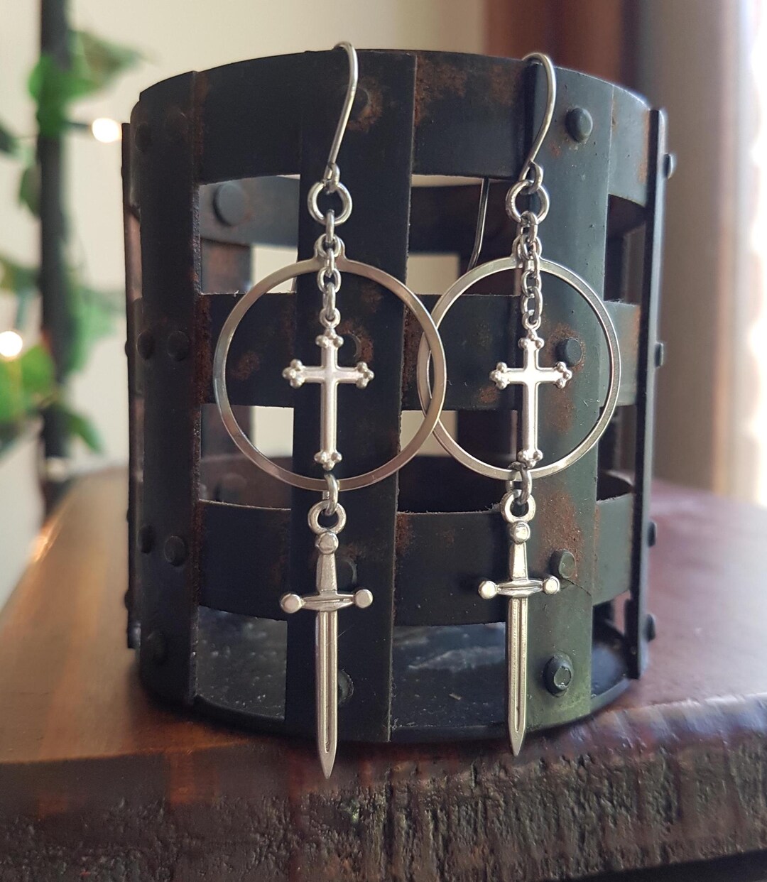 Ornate Tiny Gothic Cross Dagger Hoop Earrings, Witches Athame, Knights ...